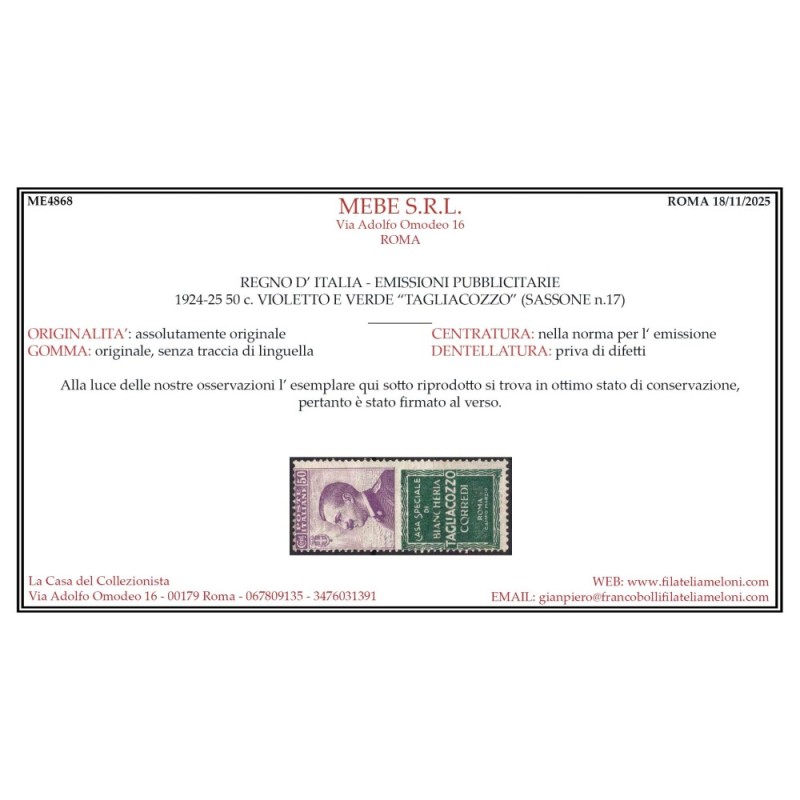 REGNO 1924-25 PUBBLICITARI 50 CENTESIMI TAGLIACOZZO N.17 G.I MNH** CERT ...